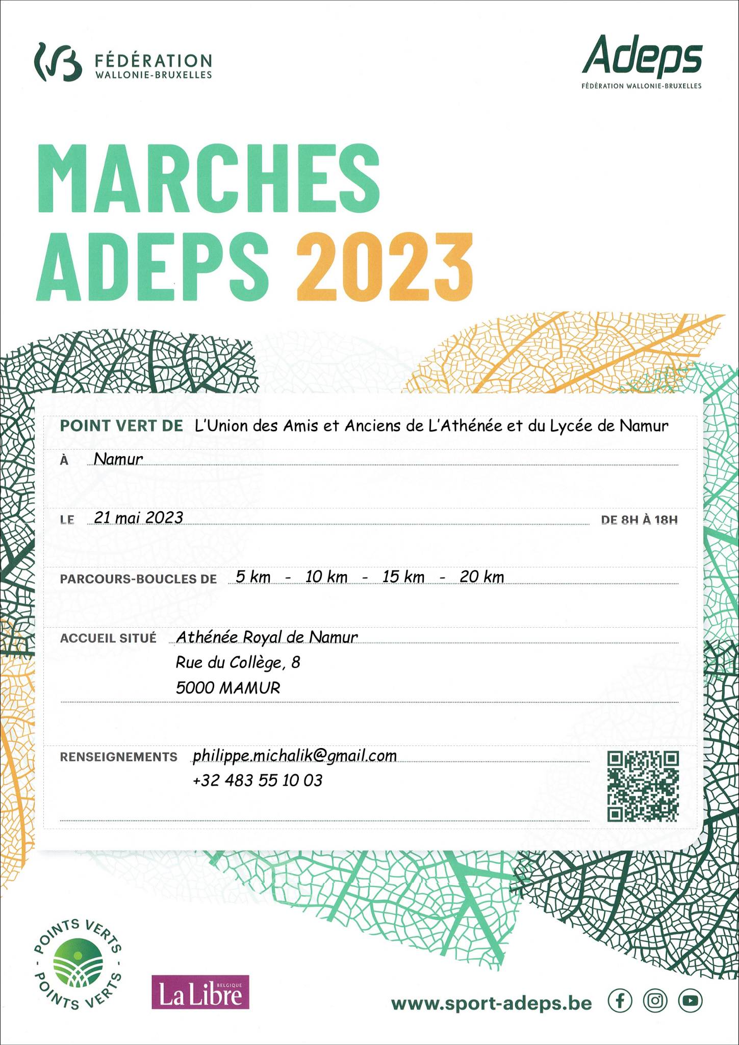 Marche Adeps : 21 mai 2023 – ATHÉNÉE ROYAL FRANCOIS BOVESSE